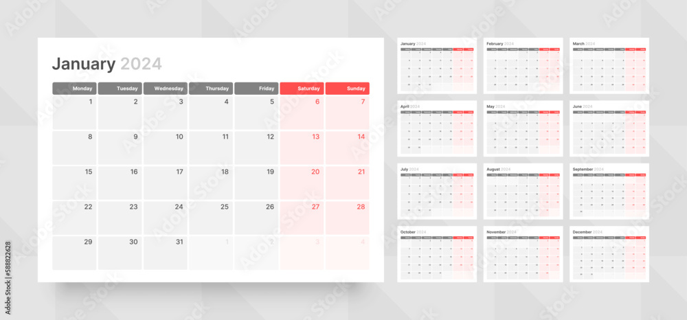 Monthly calendar template for 2024 year. Wall calendar grid in a ...