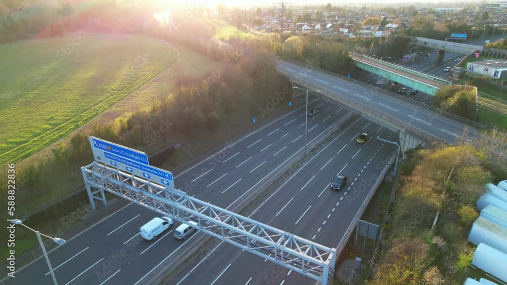 High Angle Footage of British Motorways M1 Junction 11a Traffic. The ...