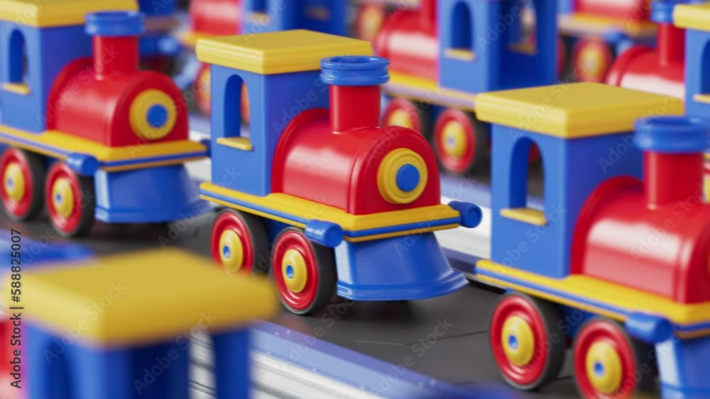 Lots of colourful toy trains progressing through the conveyor belt ...