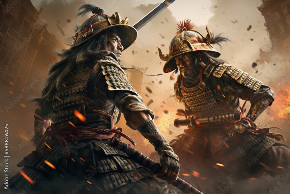 The battle of two samurai with katanas in traditional armor on the ...