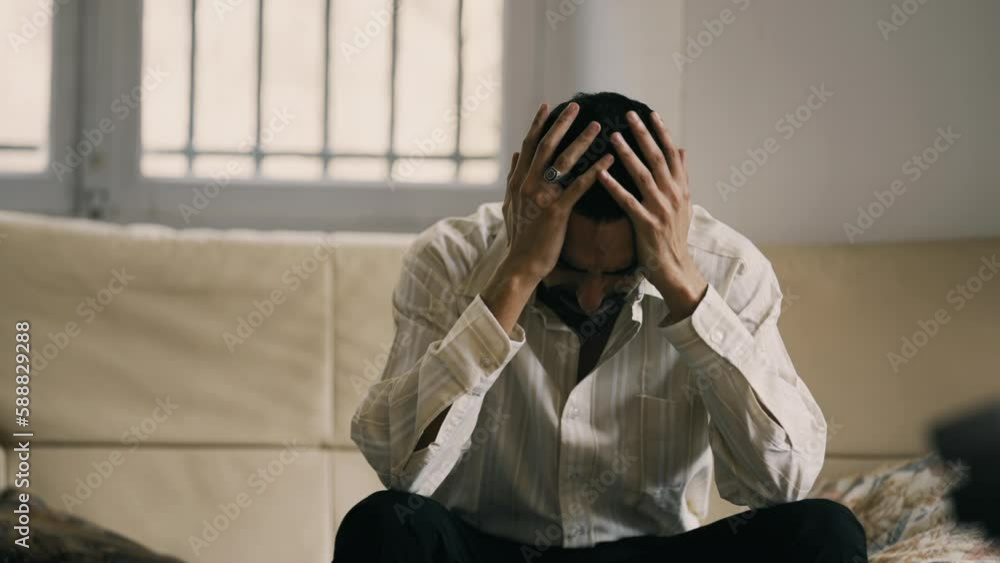 One distraught man suffering from mental emotional pressure. Violent ...