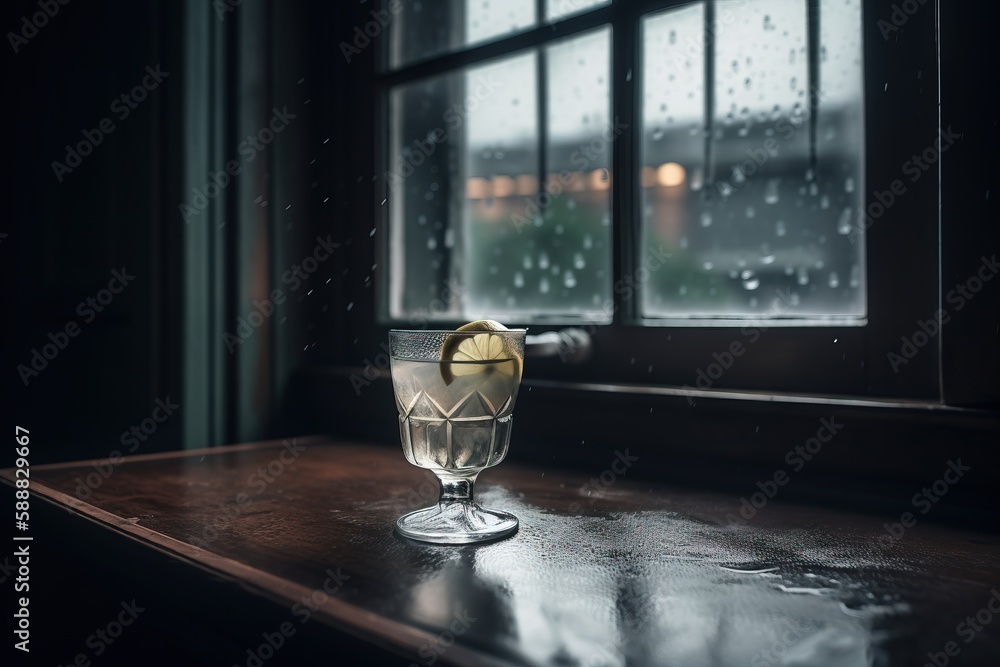 a glass with a lemon in it sitting on a table in front of a window with ...