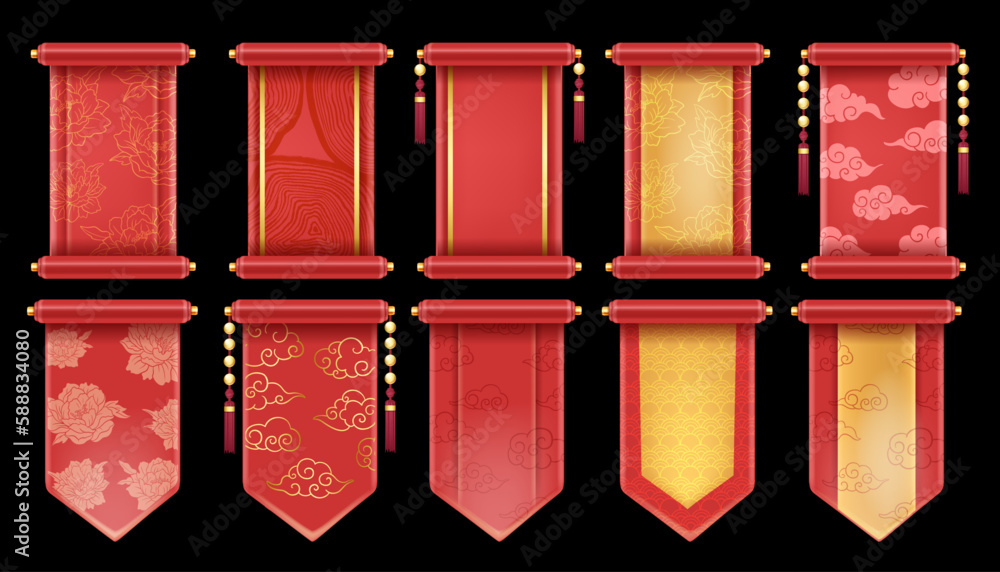 3D Chinese scroll set, red festive banner kit, vector royal asian game ...