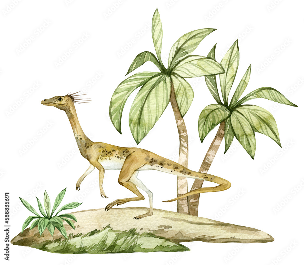 Watercolor dinosaur illustration with prehistoric landscape. Hand drawn ...