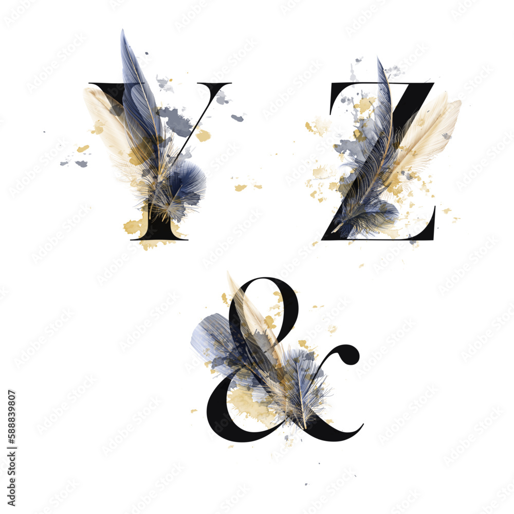 Alphabet. Set letters with feathers. Wedding invitations, greeting ...