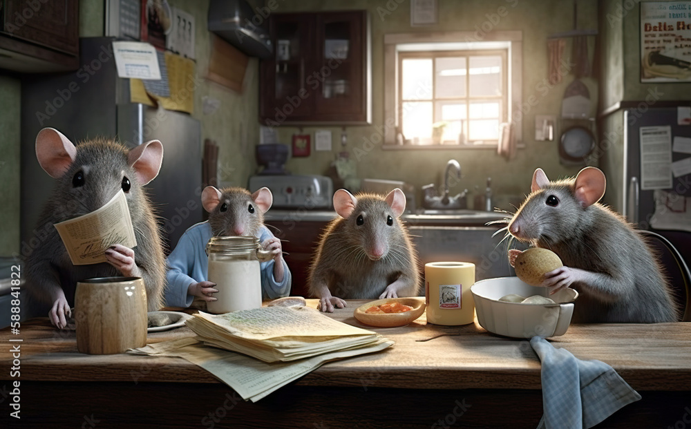 Rat family activities in the kitchen. An imagined scene of a very cute ...