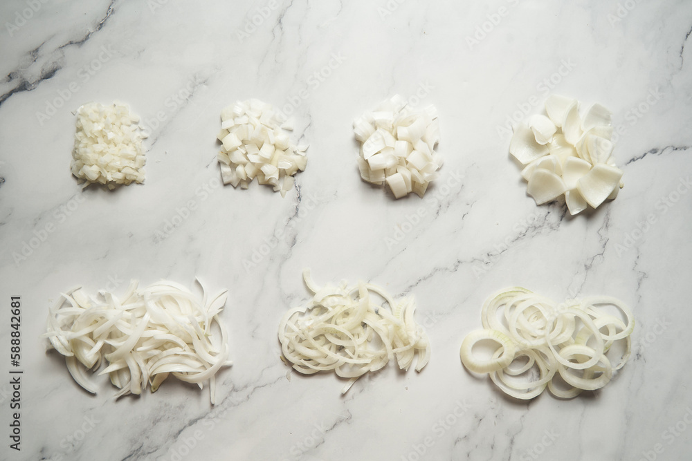 Different cuts of onions. Photo show different onion cuts from small to ...