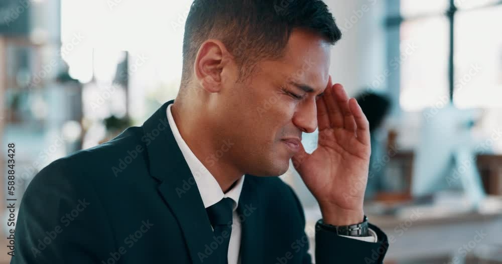 Businessman, headache and face in stress, burnout or strain in mental ...