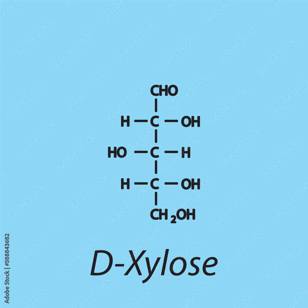 Straight chain form chemical structure of D-Xylose sugar. Scientific vector illustration on blue ...