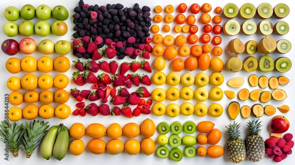 Knolling layout of several colorful fruits lying on ground, birds eye ...