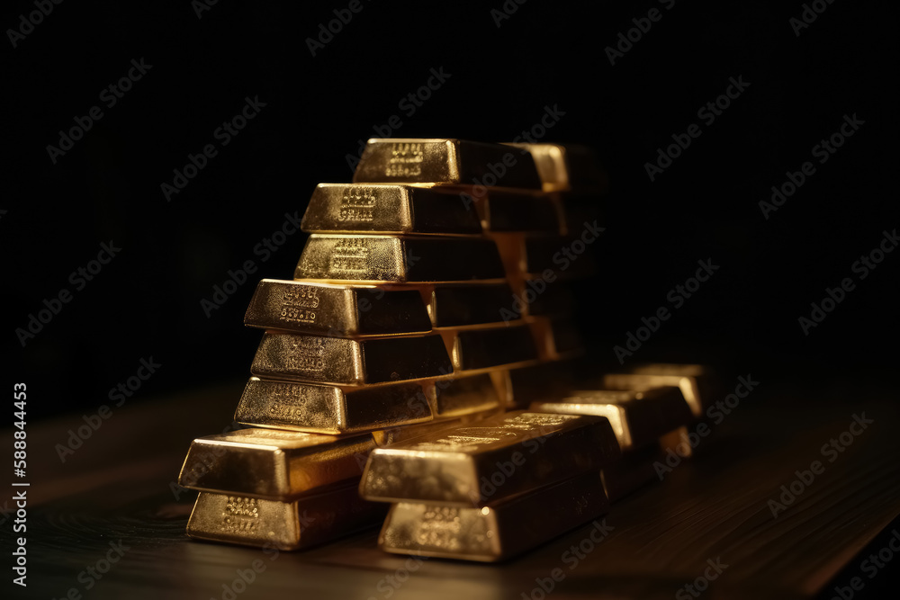 A stack of gold bars on a dark tabletop created with generative AI technology. Stock ...