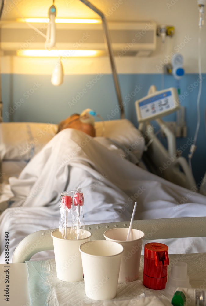 Hospital room table with vasis and medicines for nurses and elderly ...