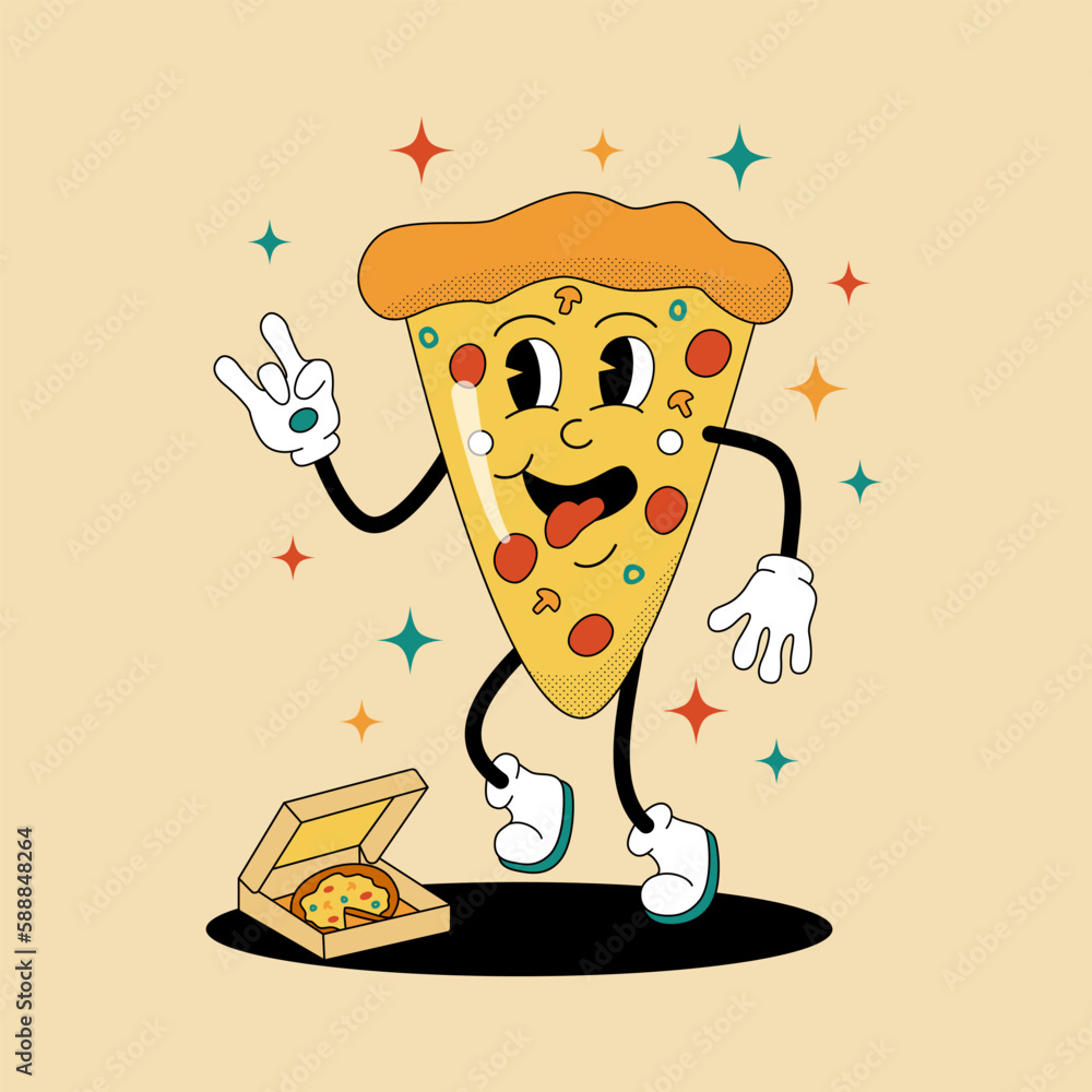 Comic flat Pizza Slice with face on decorated background. Vector ...