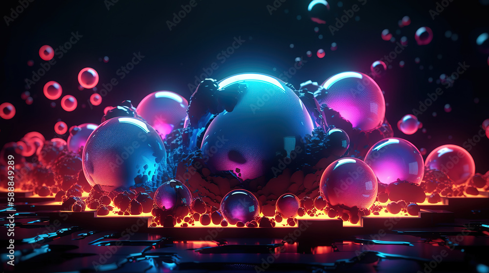 3d render, abstract neon background with glass balls. Generative Ai ...