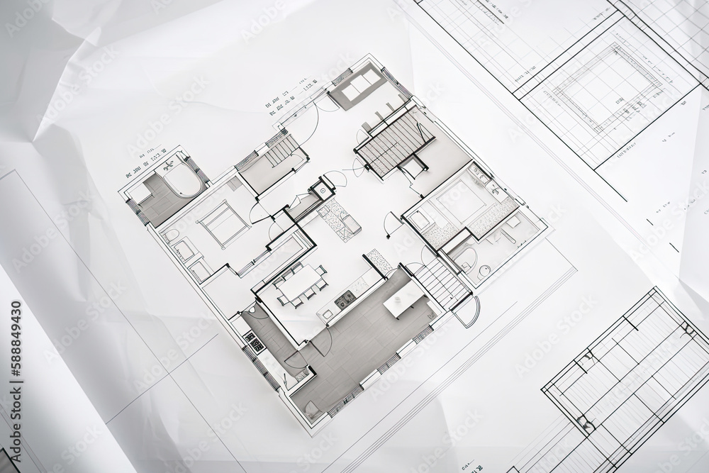 Architectural plan on white paper. Technical project of living room ...