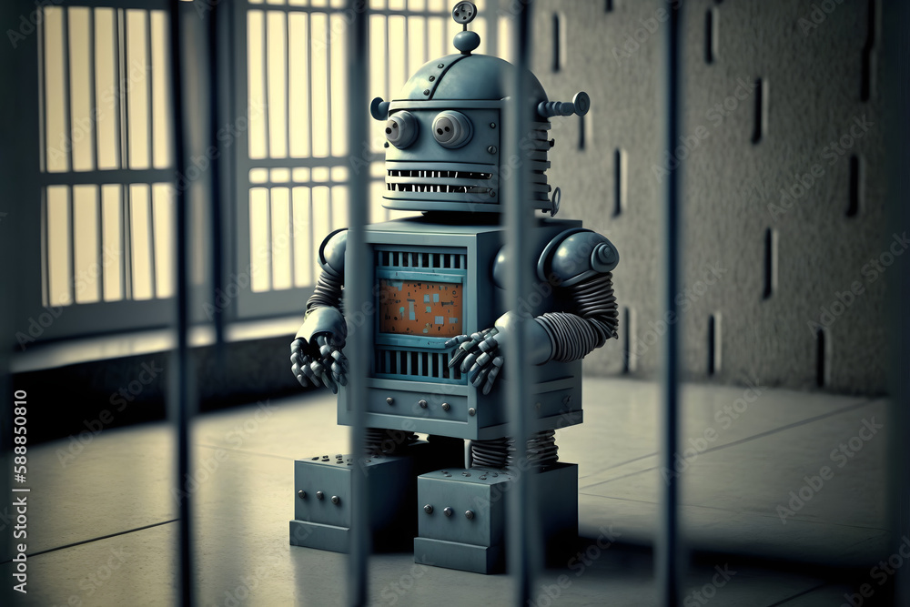 Cartoonish robot in jail behind the bars. AI crime concept. Digitally ...