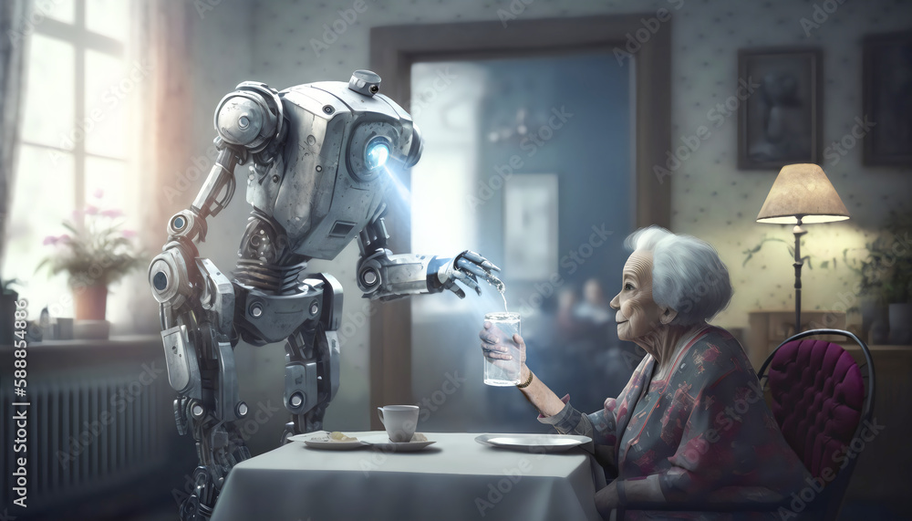 Old humanoid robot in a retirement home. He fills a glass of water with ...