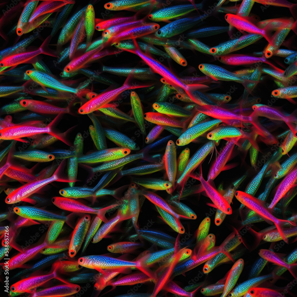 Neon Tetra (Paracheirodon innesi) pet fish schooling together in a blue ...