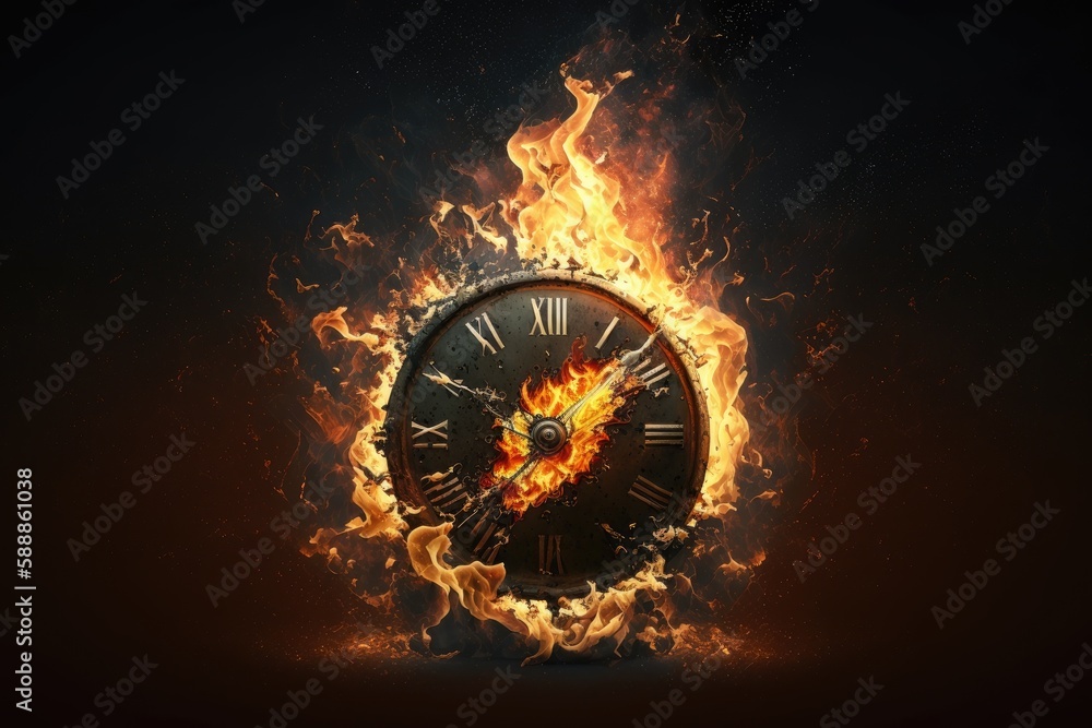 Clock on fire clock face consumed as time burns away. ai generative ...