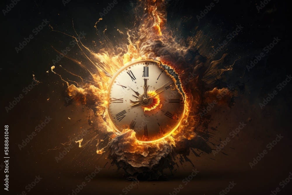 Clock on fire clock face consumed as time burns away. ai generative ...