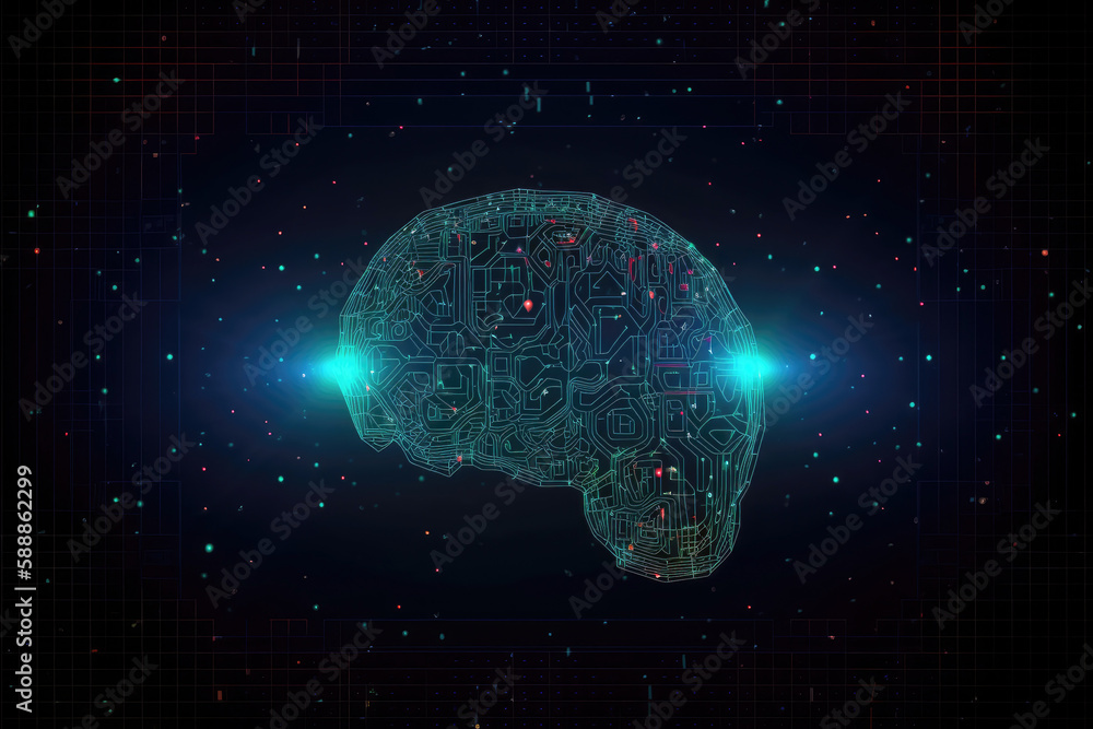 Technology digital Artificial intelligence brains form, glowing neon light blue for futuristic ...