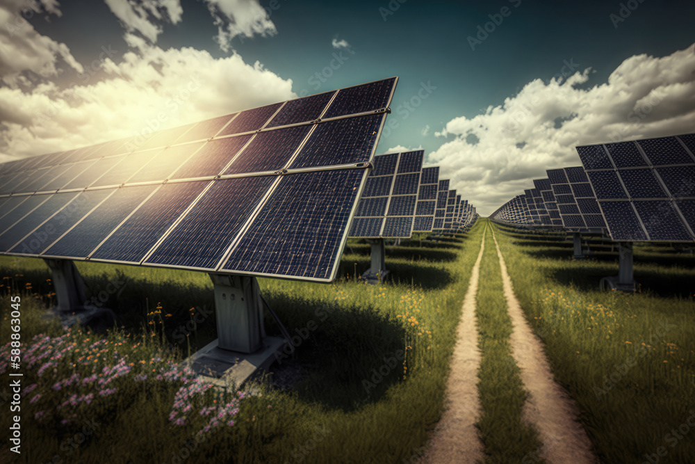 Solar panels in green nature at sky with clouds background AI generated ...