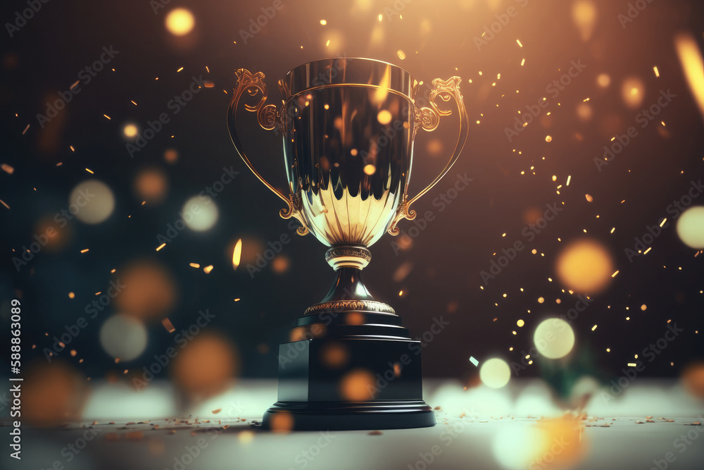 Golden champion trophy cup winner on blur bokeh dark lights background ...
