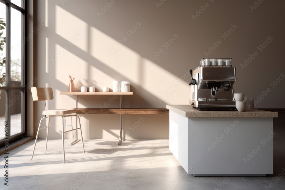 Modern design cafe, white square tile counter with espresso machine ...