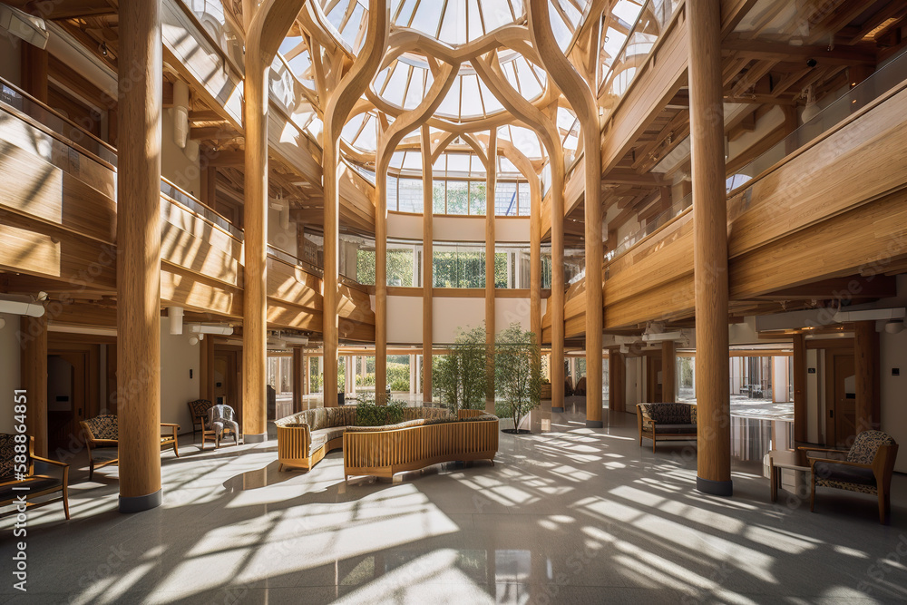 Generative AI illustration of Experimental Architecture Design, massive open atrium, timber ...