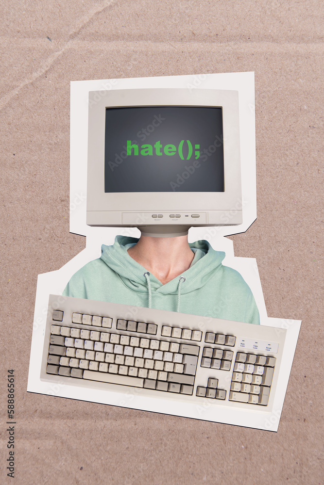 Vertical collage picture of person retro pc monitor instead head hate ...