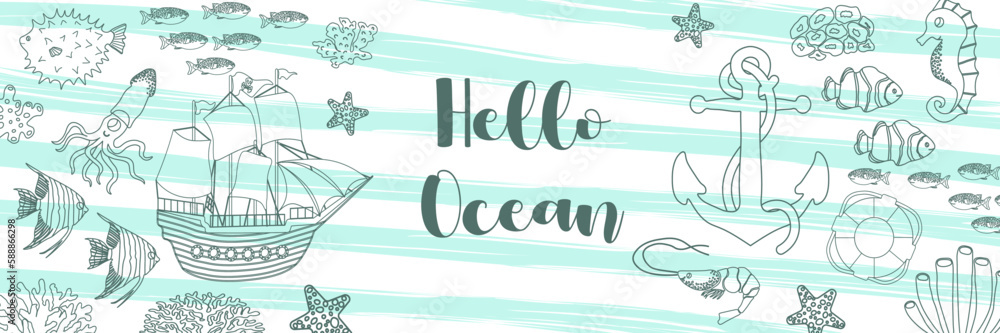 Vector ocean illustration with ship,lifebuoy,anchor,squid,fish,corals ...