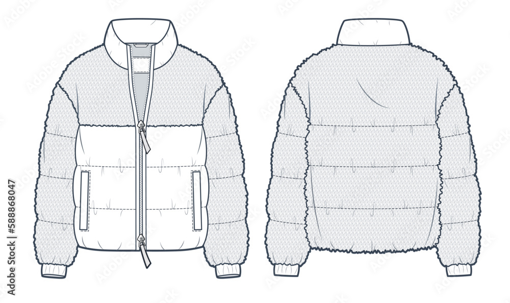 Fur Bomber Jacket technical fashion Illustration. Down Jacket ...