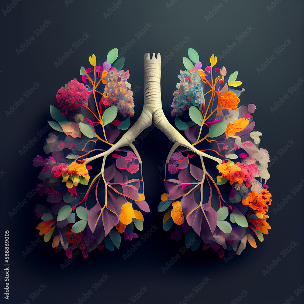 Lung with flowers for fresh healthy breathing air, environment concept ...