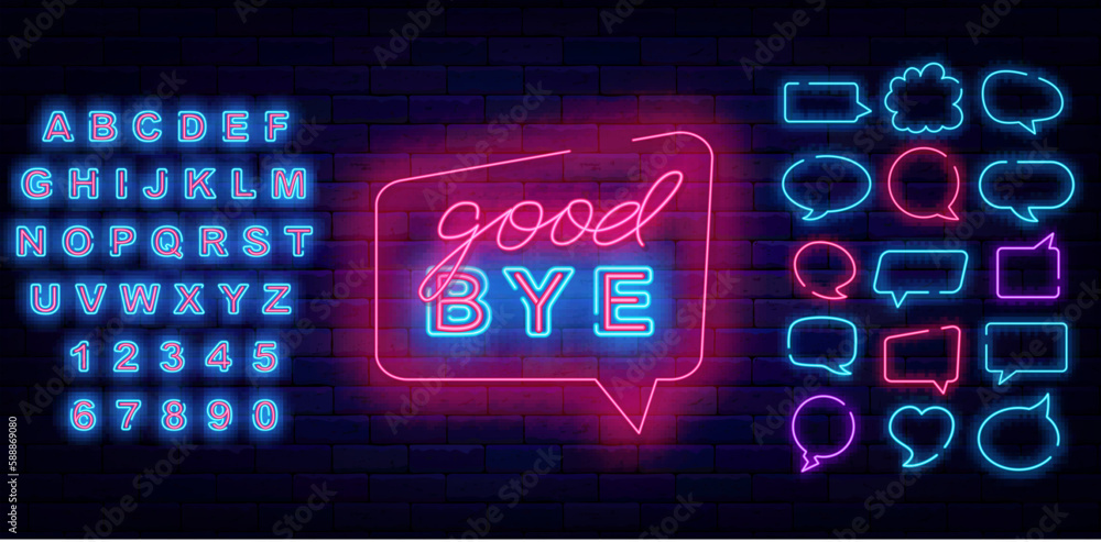 Good bye neon emblem in think cloud with lettering. Farewell concept ...