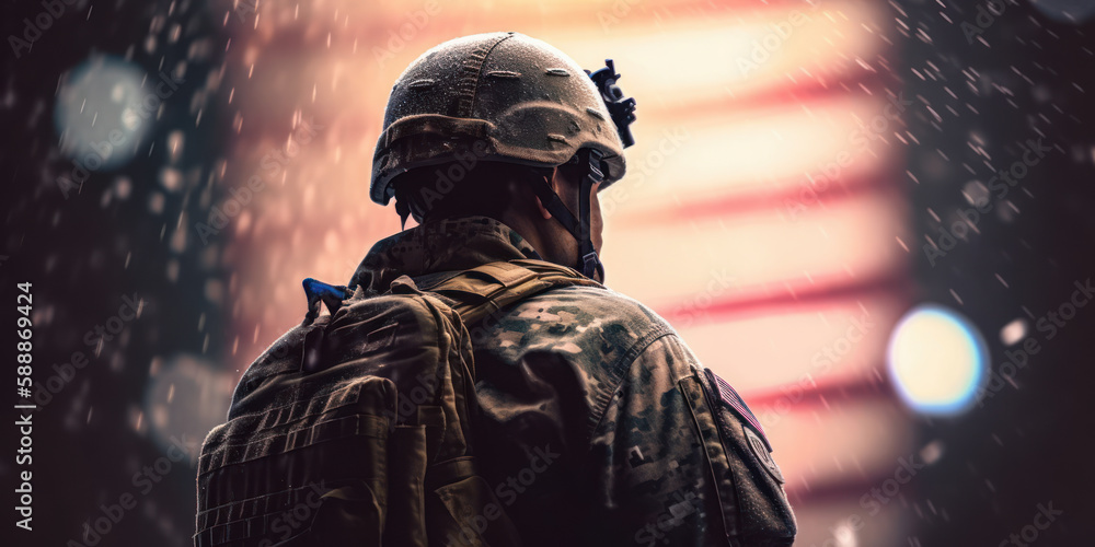 US soldier viewed from back on waving american flag background and ...
