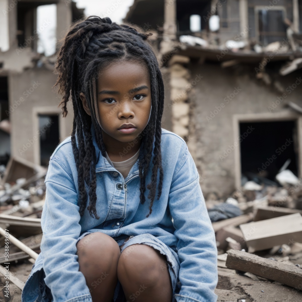 Sad teenager crying in abandoned house, life destroyed by war, sorrow ...