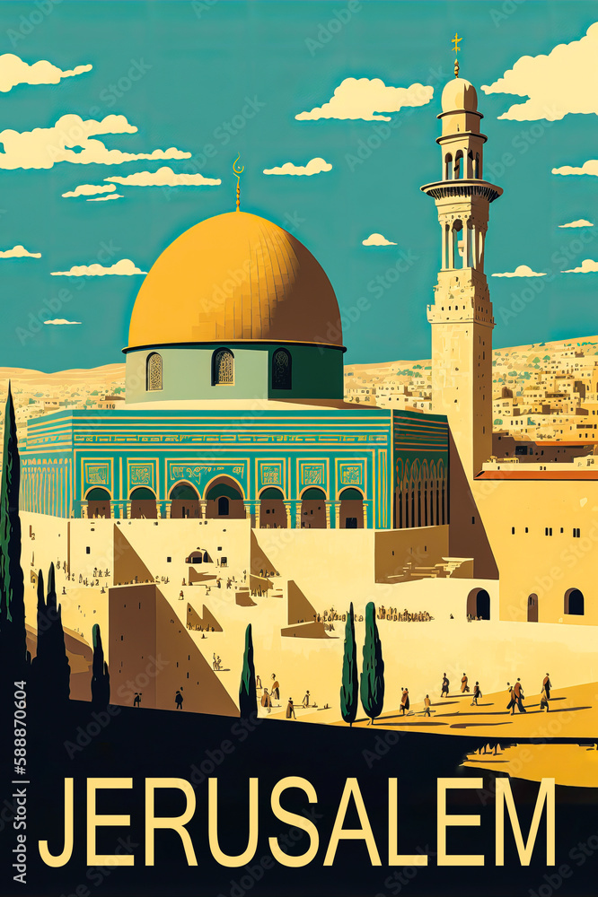 Photo & Art Print Vintage 1960s Jerusalem poster featuring monuments ...