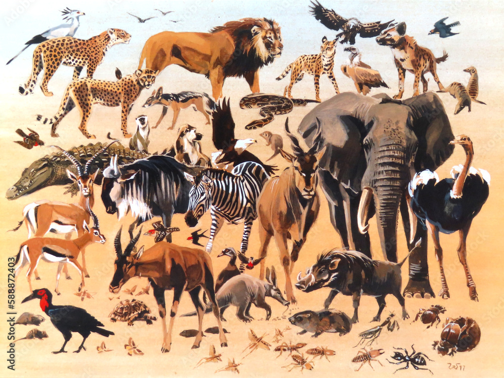 Animals. watercolor flat illustrations of giraffe, elephant, monkey ...