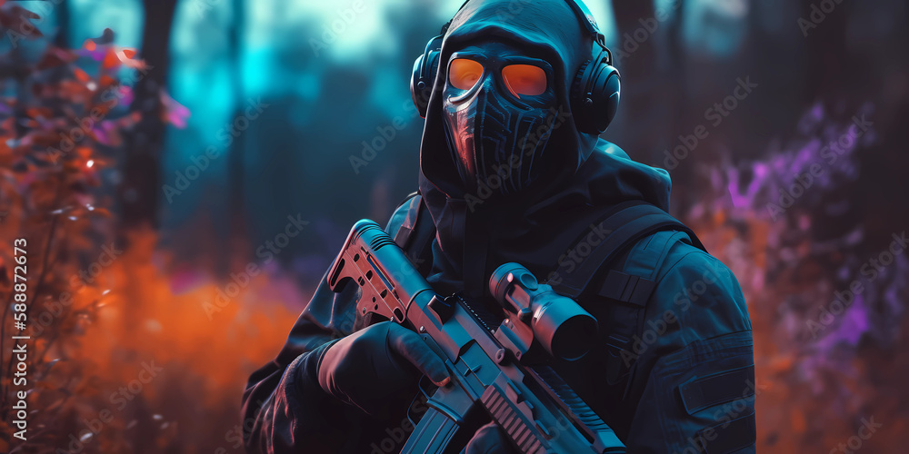 Masked Gaming Operator with Weapon. Color Highlights. Landscape. Helmet ...
