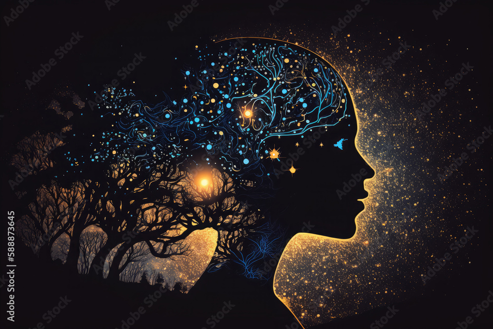 Meditation concept with human head silhouette glowing esoteric neurons ...