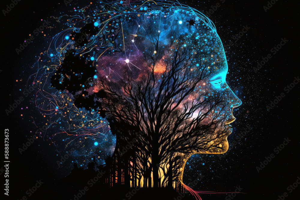 Meditation concept with human head silhouette glowing esoteric neurons ...