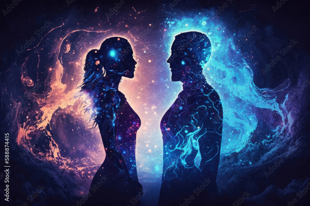 Astral body man and woman silhouettes face to face neural network AI ...
