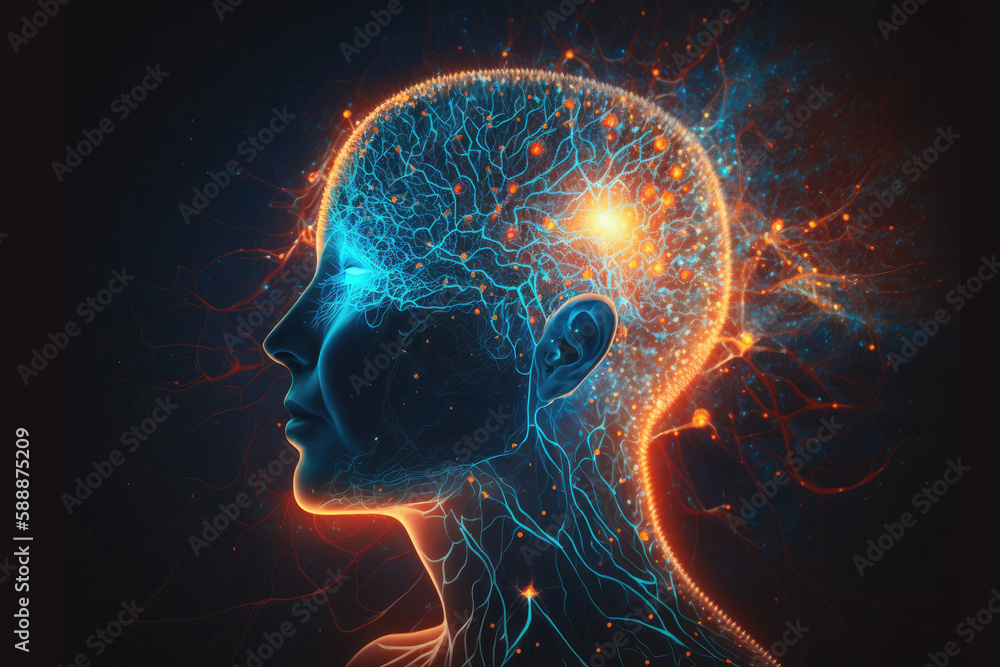 Astral body woman silhouette bust at abstract space background neural ...