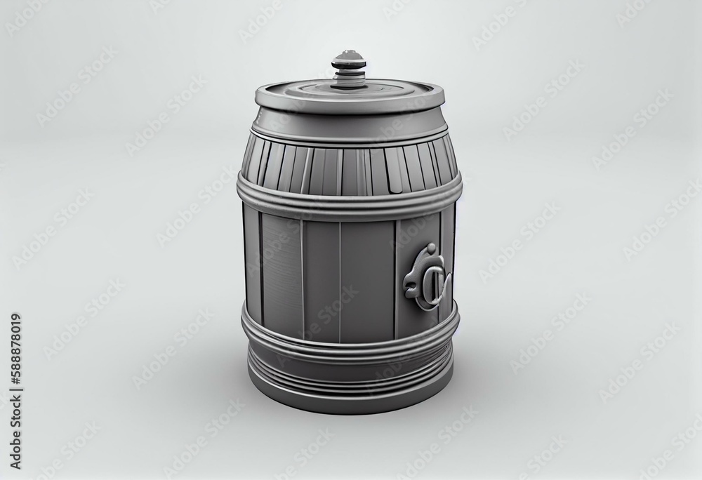 Clay render of metal beer keg with the lid isolated on white background ...