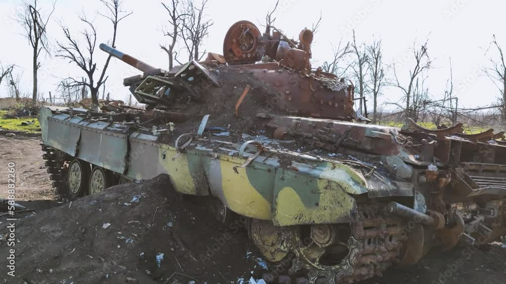 Russian tank destroyed by the Ukrainian military during the invasion of ...