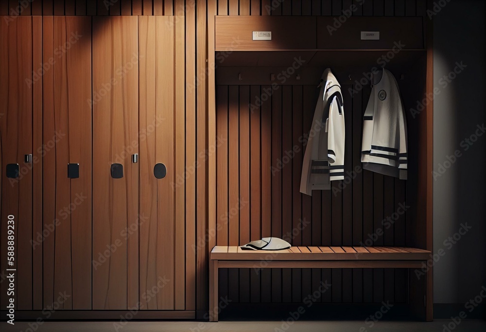 Minimalist locker room. Wooden bench. Athletes space. Locker room ...