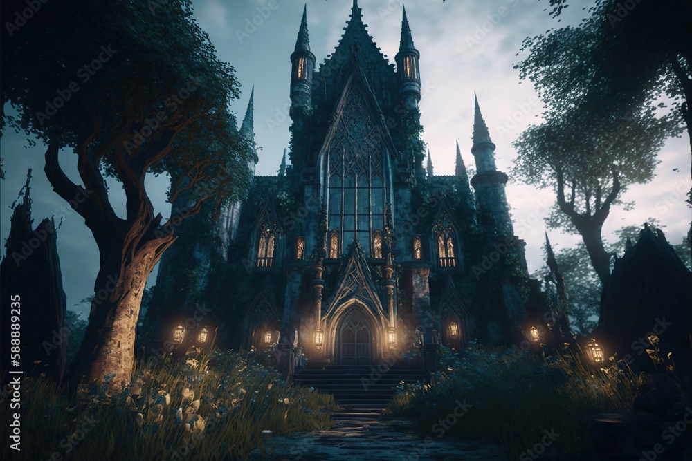 A dark fantasy gothic castle, The kingdom of Orgund in a chaotic, dark and sinister world where ...