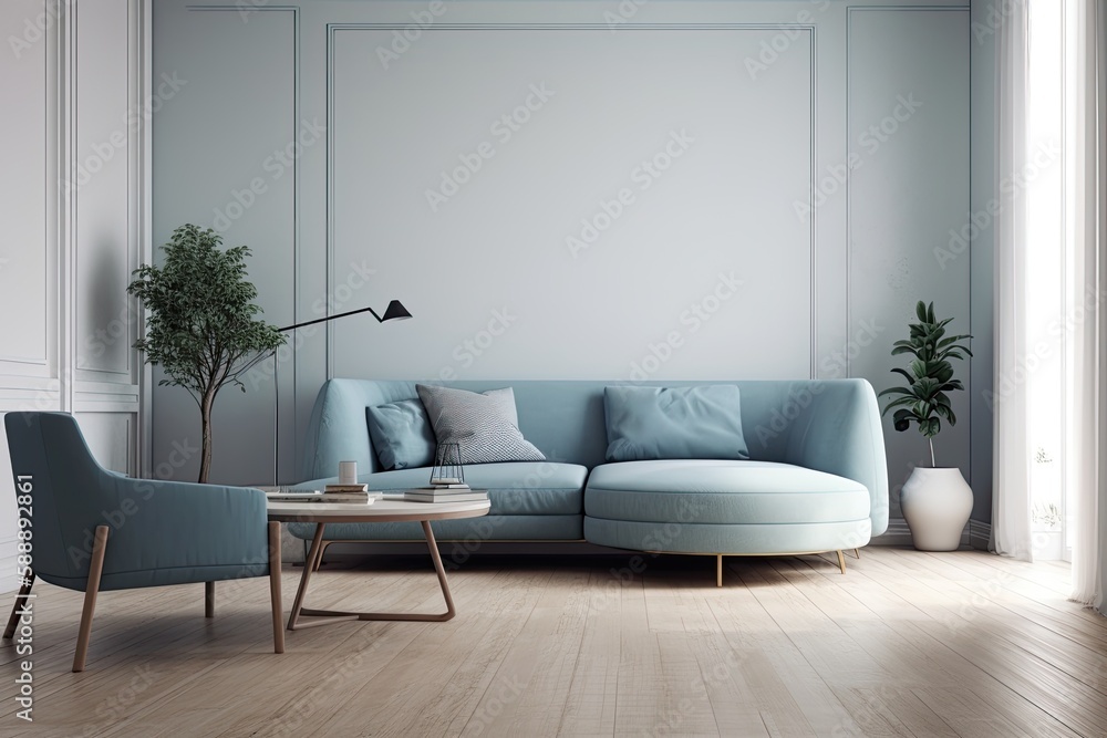 Interior of a minimalist living room including a wooden floor, a round ...