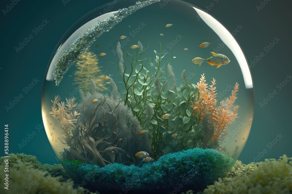 Abstract biosphere in a bubble. Ecosystem in a fish bowl. Environmental ...