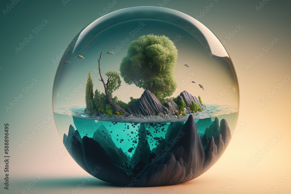 Abstract biosphere in a bubble. Ecosystem in a fish bowl. Environmental ...